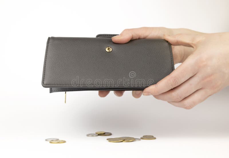 Coins Falling Out of a Wallet. a Leather Wallet in the Hands of a Woman ...