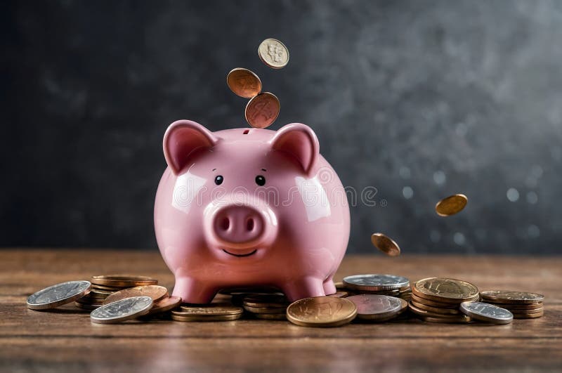 Coins Falling into Pink Piggy Bank, Cut Out Stock Illustration ...