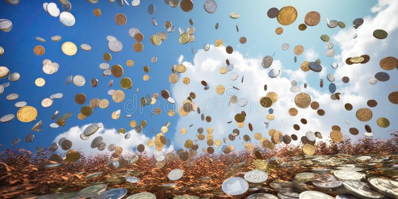 Coins Falling from the Sky Piling Up on the Ground Stock Illustration ...