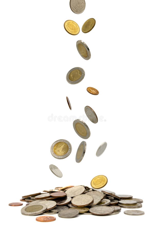 Coins Falling into Glass Jar Stock Photo - Image of deposit, flying ...