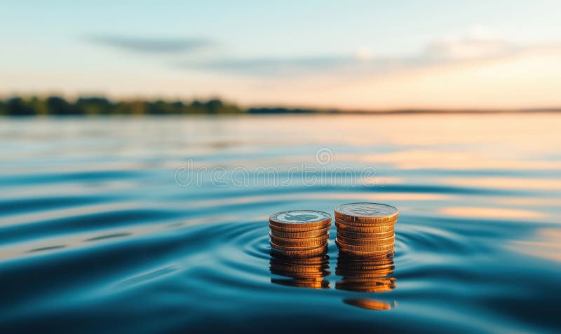 Coins Floating on Water Surface, Serene Sunset Background, Reflections ...