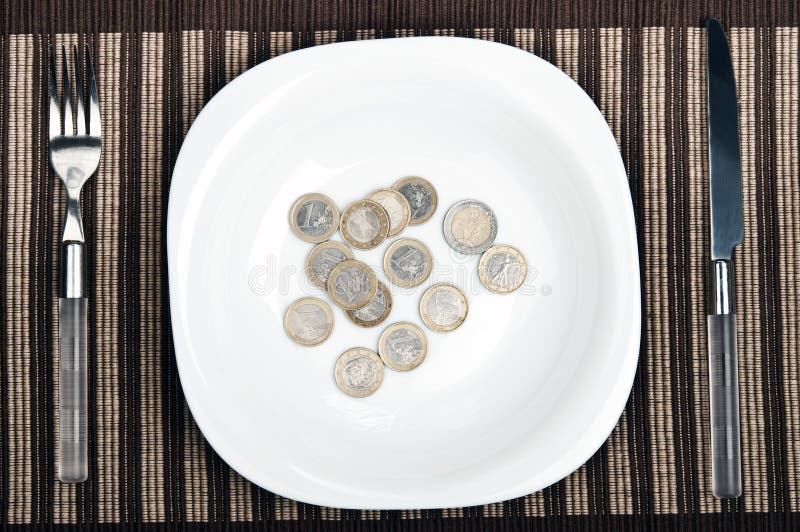 Coins on food plate stock image. Image of knife, serving - 20532401