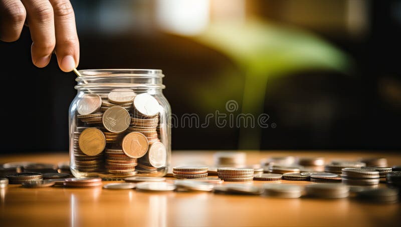 Coins in a Glass Jar on the Table. Saving Money Concept Stock ...