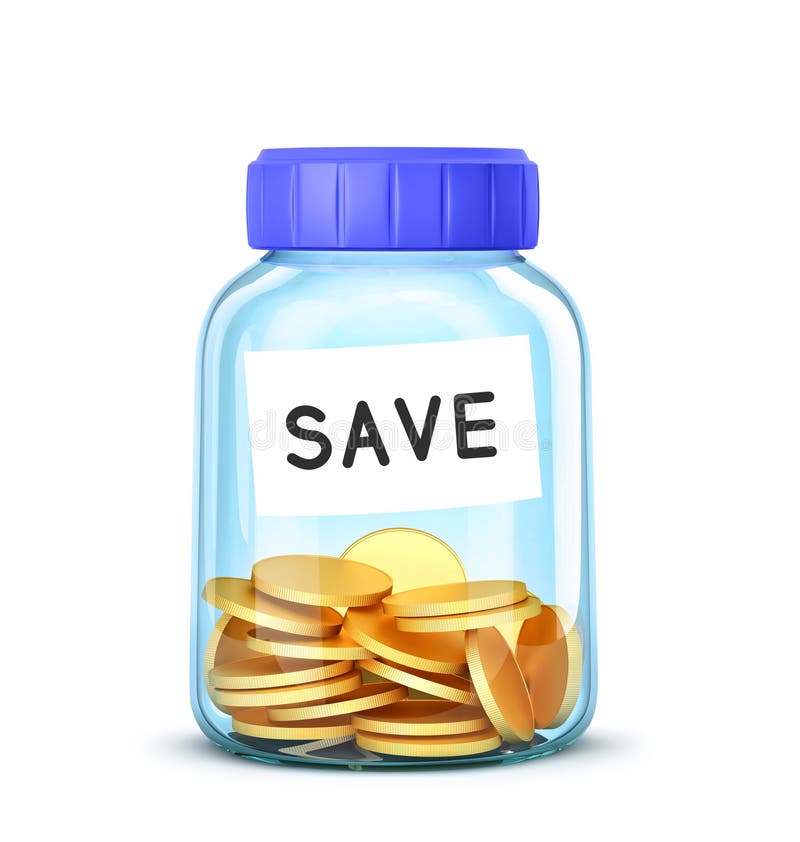 Coins in Glass Jar with Text on the Label SAVE. Money Saving Concept ...