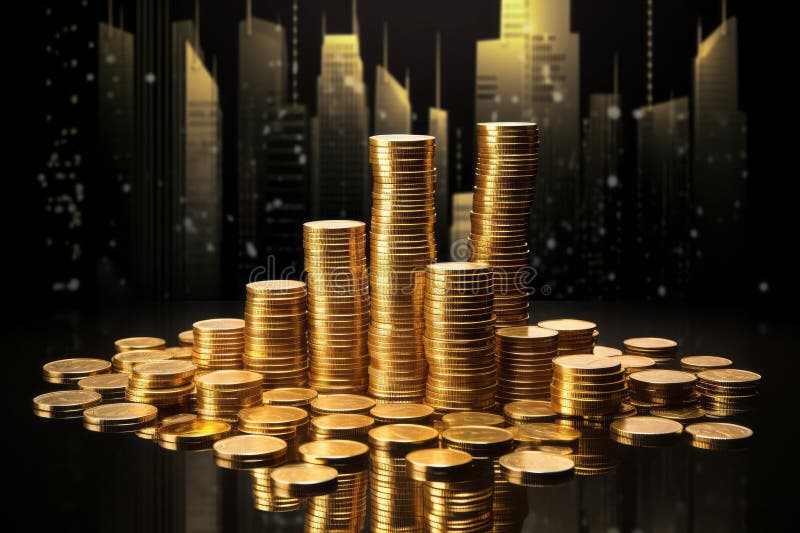 Coins and Gold Bars Neatly Arranged in a Tower on a Financial Backdrop ...