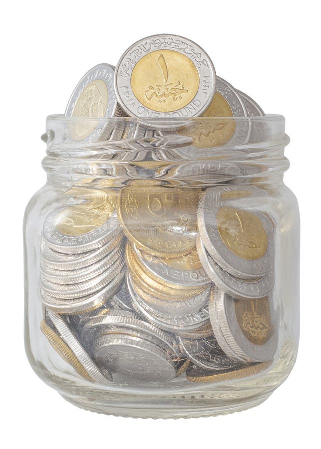 Coins in Jar, Egyptian Pounds, Closeup, Isolated on White Background ...