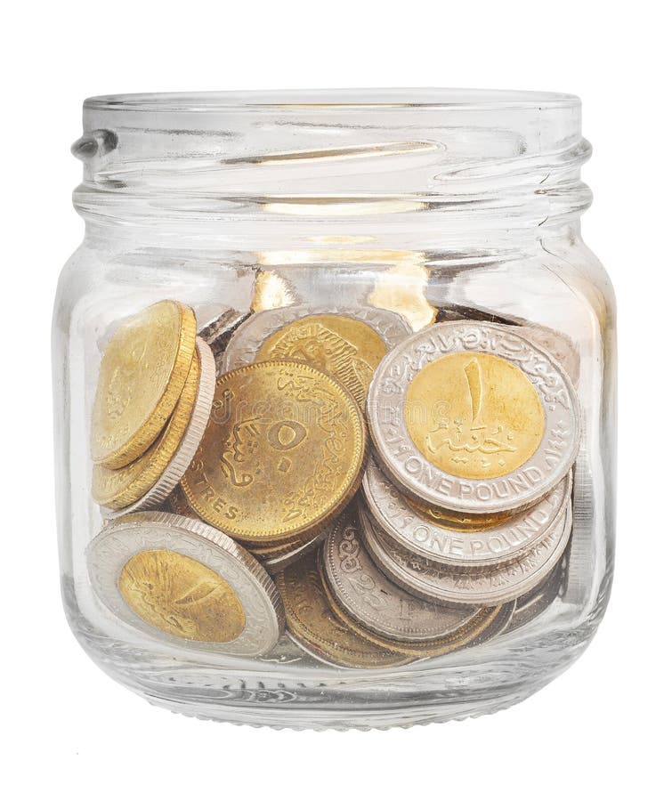 Coins in Jar, Egyptian Pounds, Isolated on White Background Stock Photo ...