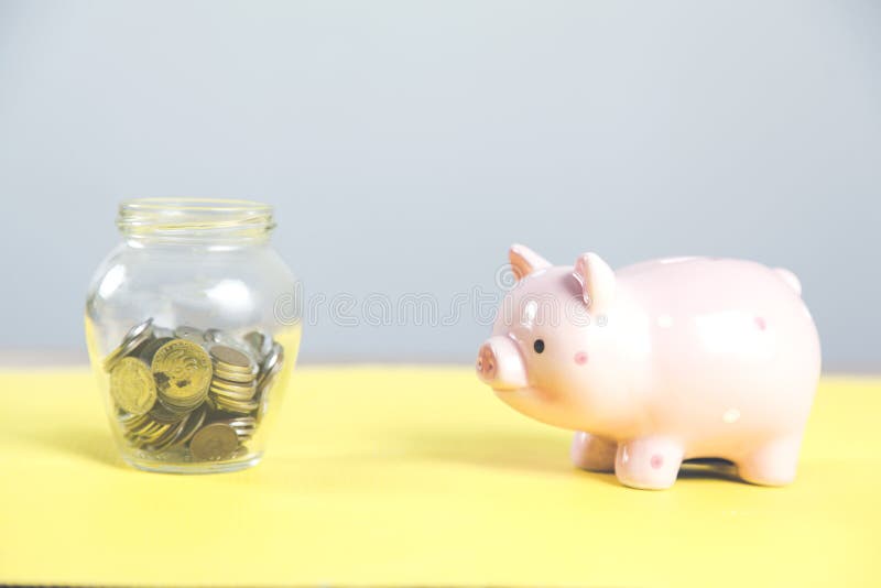 Coins on Jar with Piggy Bank Stock Image - Image of concept, bank ...