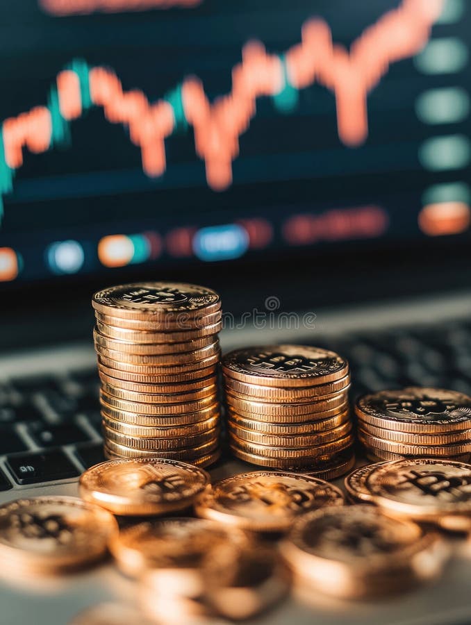 Coins on Laptop stock photo. Image of modern, online - 377391200