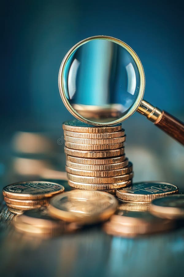 Coins and Magnifying Glass on the Table. Selective Focus Stock Photo ...