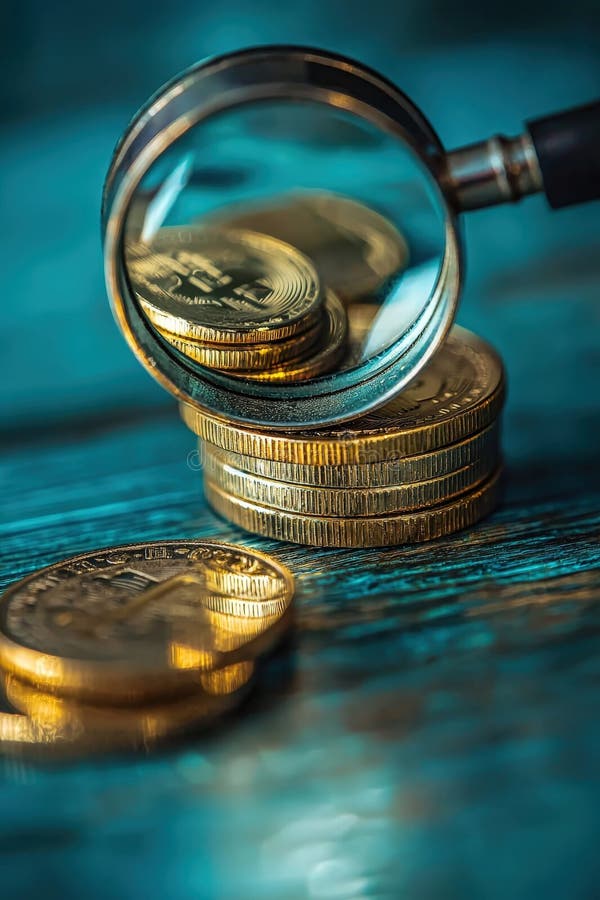 Coins and Magnifying Glass on the Table. Selective Focus Stock Photo ...