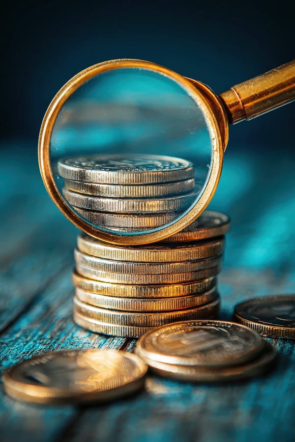 Coins and Magnifying Glass on the Table. Selective Focus Stock Image ...