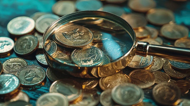 Coins and Magnifying Glass on the Table. Selective Focus Stock Image ...