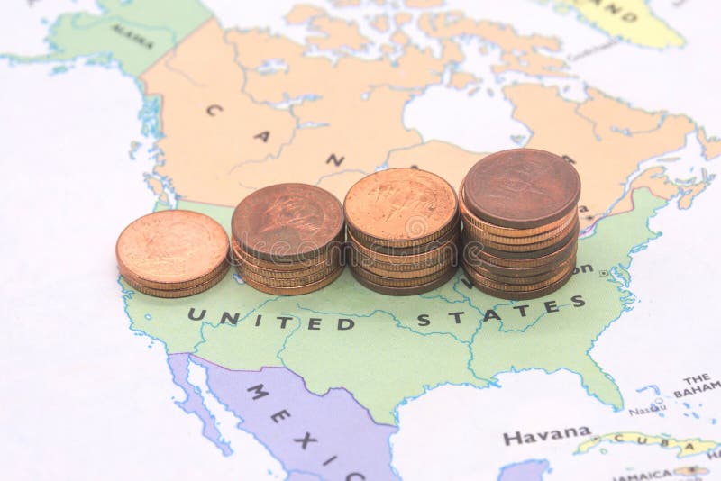 Coins on map American stock image. Image of exchange - 139606029