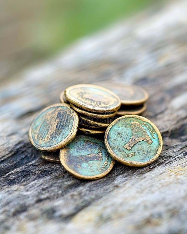 Coins Minted from a Unique Alloy Resting on a Wooden Surface Stock ...