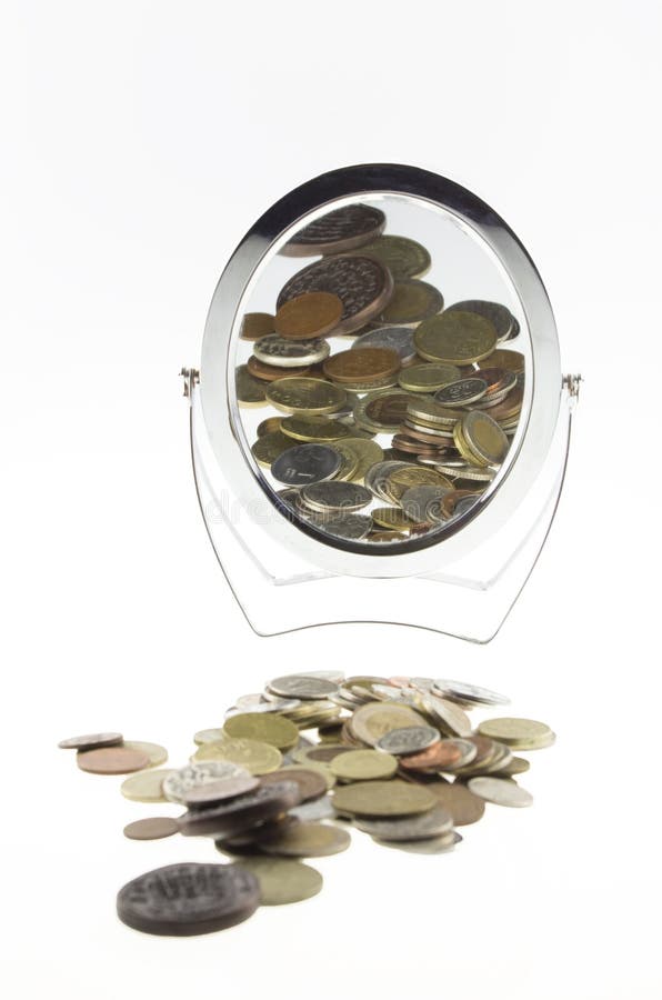 Coins on mirror stock photo. Image of growth, compute - 173343546