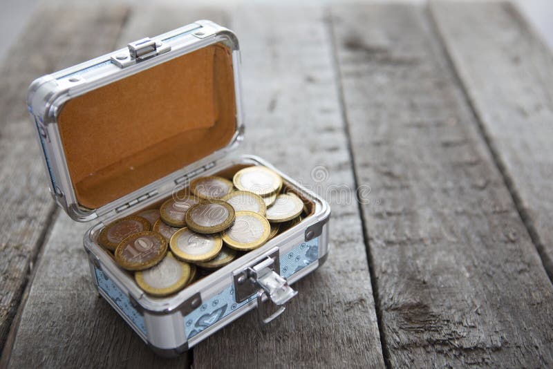 Coins Money in Small Box on Table. Ruble. Stock Image - Image of future ...