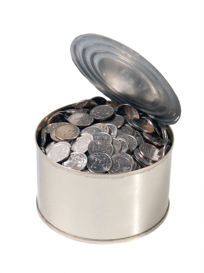 Coins in the Open Can with the Can Opener Stock Image - Image of ...