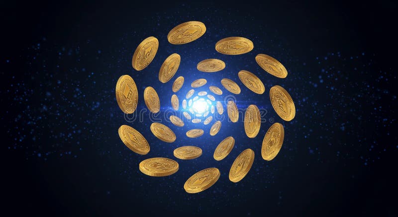 Coins Orbiting Around a Light Source Against Dark Space Stock ...