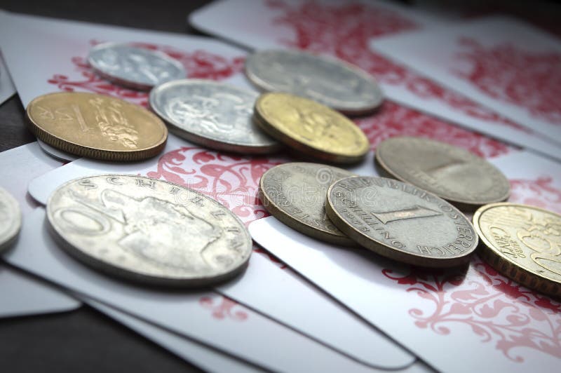 Coins and Playing Cards Top View Stock Image - Image of cent, four ...