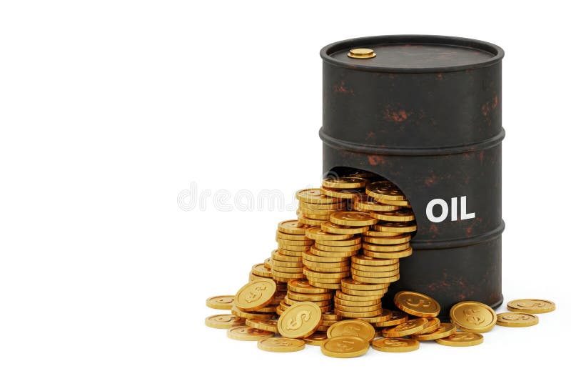 Coins are Poured Out of a Black Oil Barrel. Space for Text. Stock Image ...