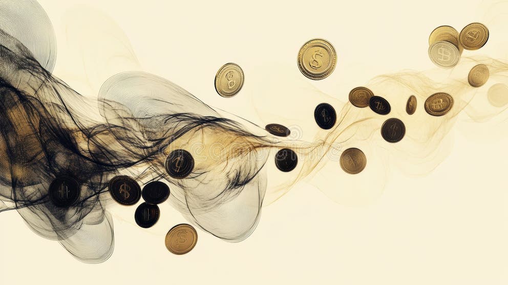 Coins and Price Tags Cascade Down in an Abstract Design, Creating a ...