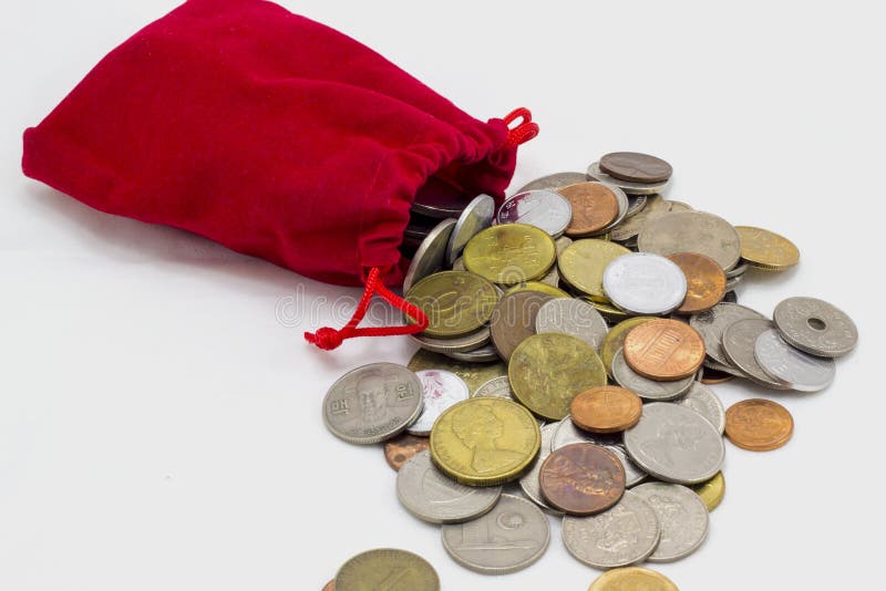 Coins and red bag stock image. Image of cloth, money - 36159673