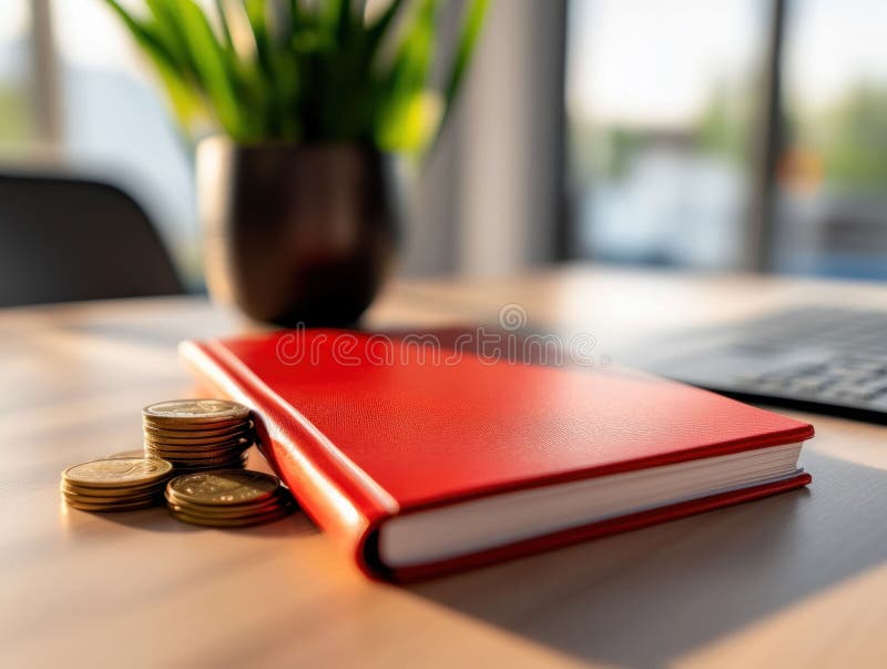 Coins on Red Notebook in a Modern Office Setting Stock Illustration ...