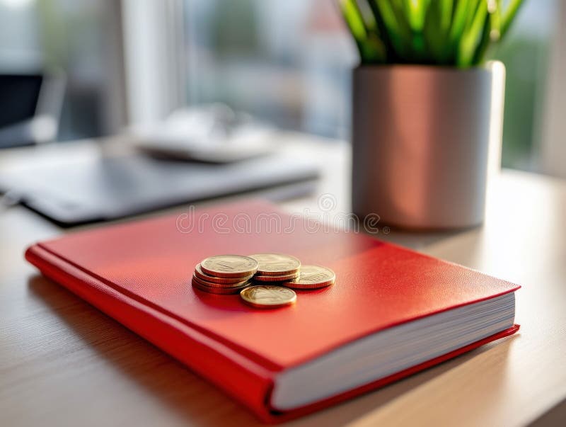 Coins on Red Notebook in a Modern Office Setting Stock Illustration ...