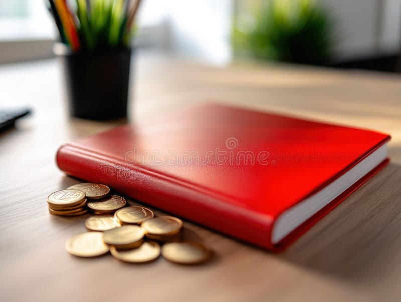 Coins on Red Notebook in a Modern Office Setting Stock Illustration ...