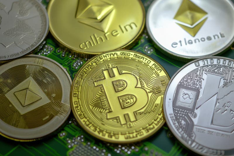 Coins Representing Bitcoin and Ethereum are Arranged on a Digital ...