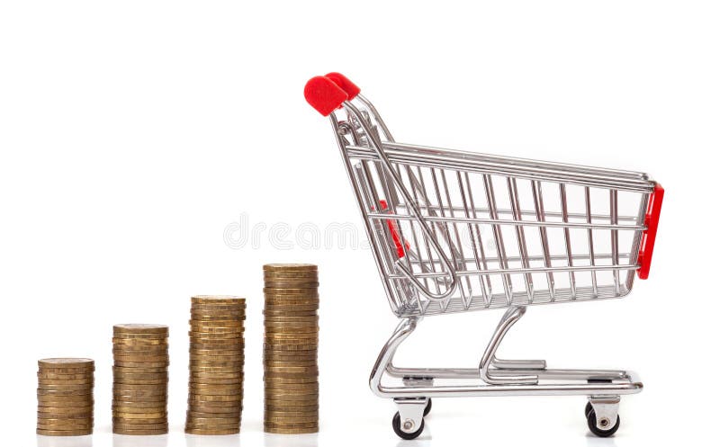The Coins Rows and Empty Shopping Basket Stock Image - Image of coin ...