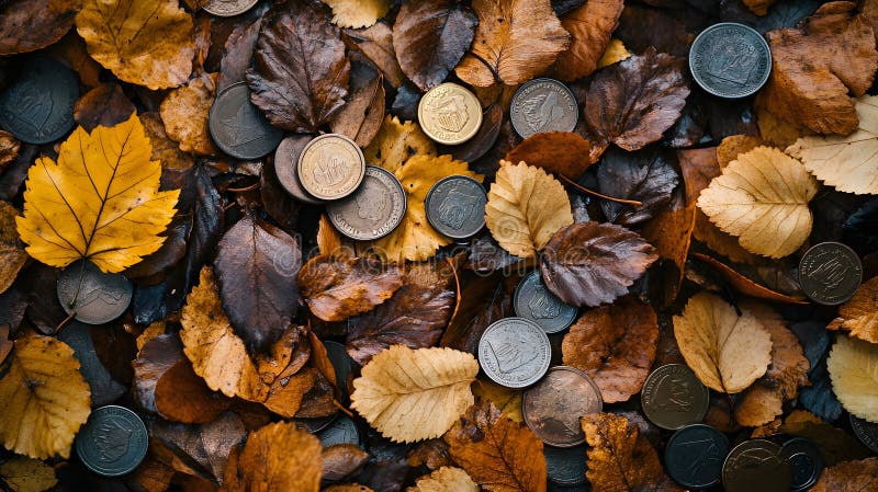 Coins Scattered among Autumn Leaves Stock Illustration - Illustration ...