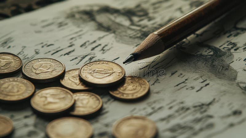 Coins Scattered with Pencil and Pen on Paper Scene Stock Illustration ...