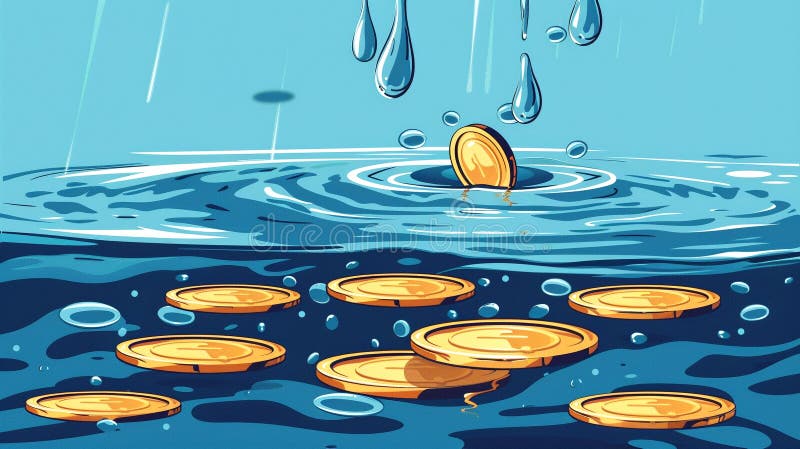 Golden Coins Dropping into Water with Splashes at Bright Daytime Stock ...