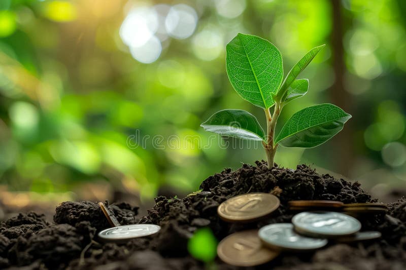 Coins Sprouting Plant a Green Plant Growing on Top Stock Illustration ...