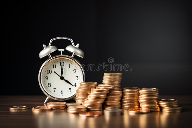 Coins Stack and Alarm Clock with Copy Space Text. Business Financial by ...