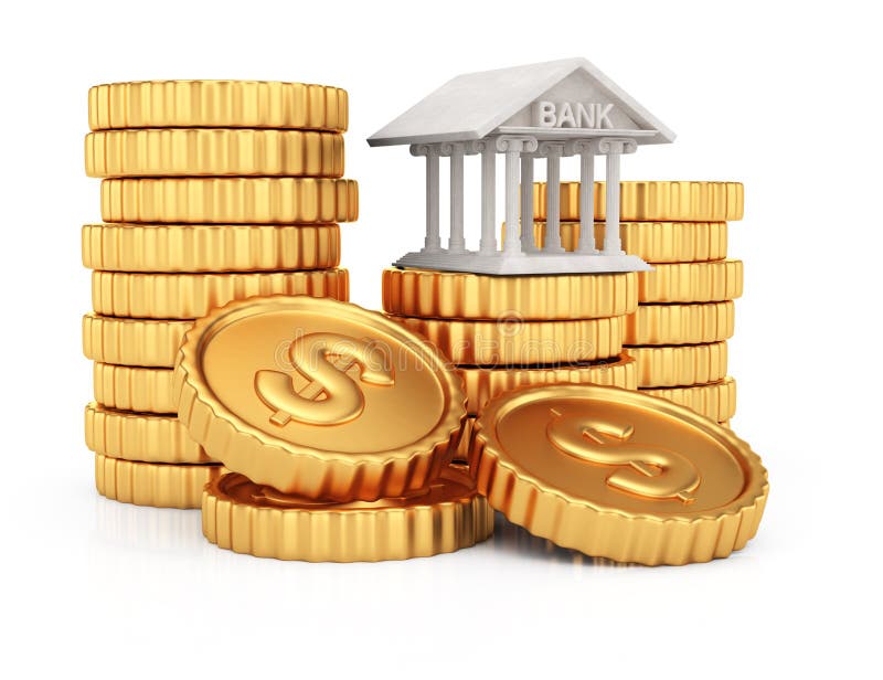 Coins Stack and Bank Building Stock Illustration - Illustration of cash ...