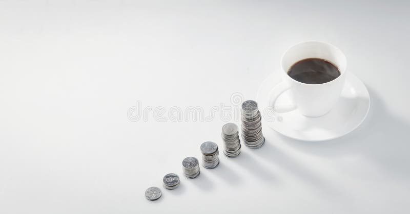 Coins Stack with a Coffee Cup Stock Photo - Image of black, background ...