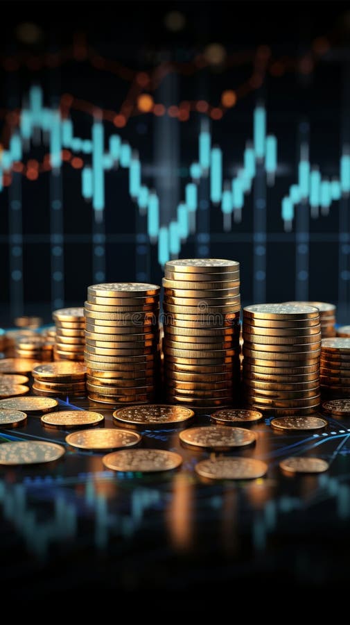 Coins Stack with Dynamic Stock Market Graph in 3D Rendering Stock ...