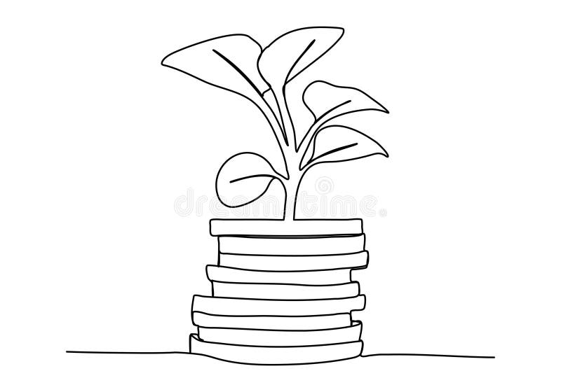 Coins Stack with Growing Plant One Line Drawing Vector Illustration ...
