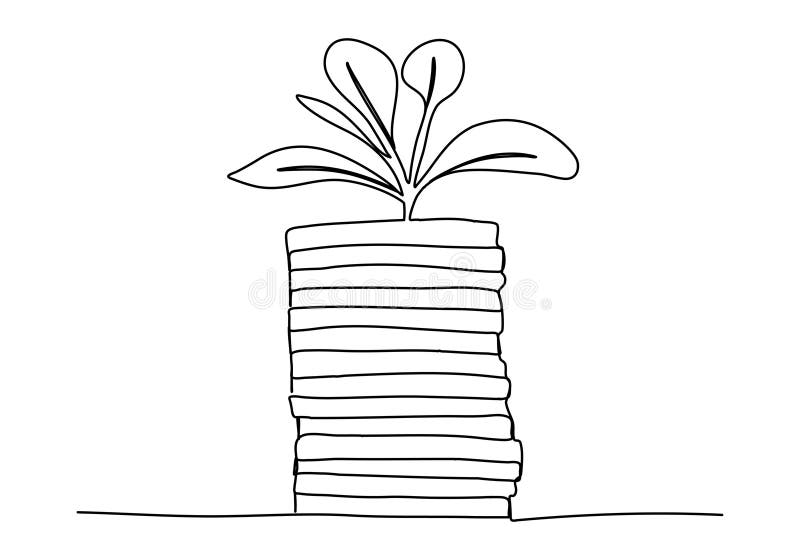 Coins Stack with Growing Plant One Line Drawing Vector Illustration ...