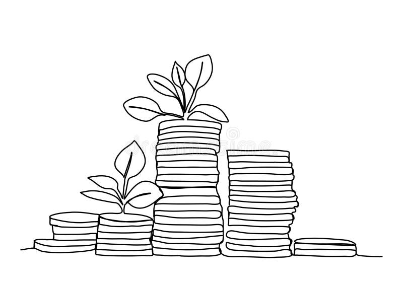 Coins Stack with Growing Plant One Line Drawing Vector Illustration ...