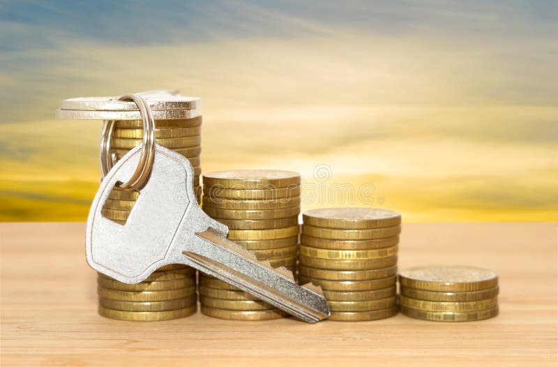 Coins stack with keys stock photo. Image of gray, metal - 104723474