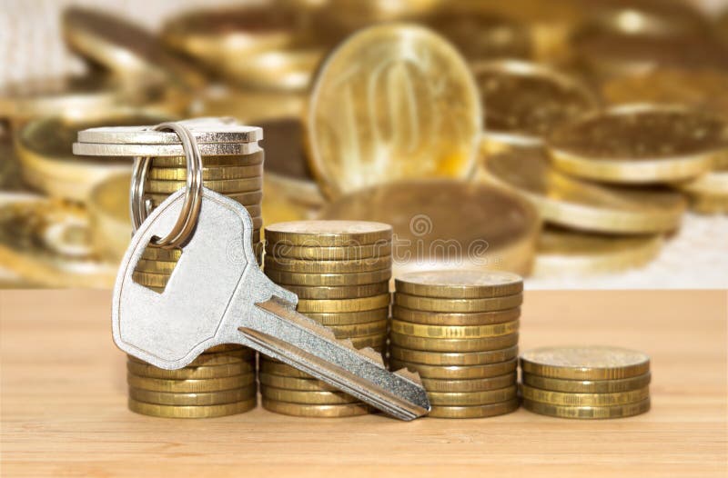 Coins stack with keys stock photo. Image of coin, real - 104723640
