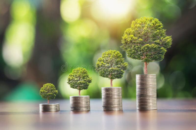 Coins Stack with Step Growing Plant and Sunshine Background. Concept ...