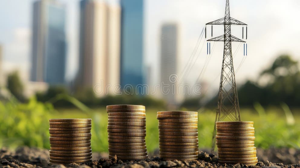 Coins Stack Under Power Line with Urban Skyline View Stock Illustration ...