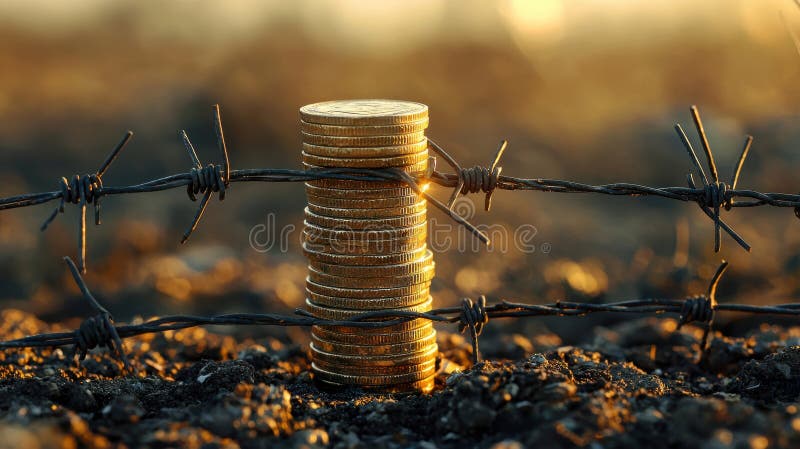 Coins Stacked Behind Barbed Wire Fence at Sunset Stock Illustration ...