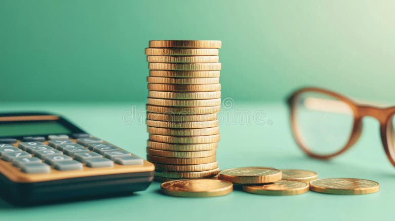 Coins Stacked beside a Calculator and Glasses on a Teal Surface ...