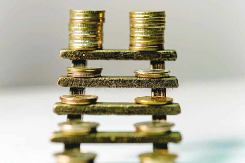 Coins Stacked on Each Step of a Miniature Ladder Stock Image - Image of ...